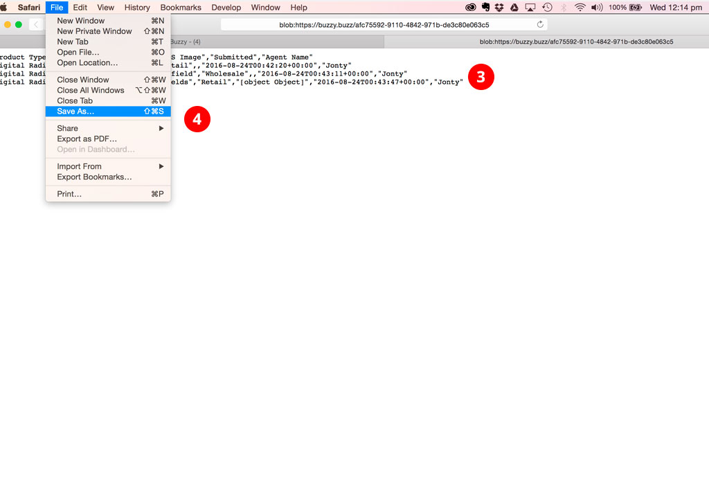 Export data using Safari | buzzy-docs